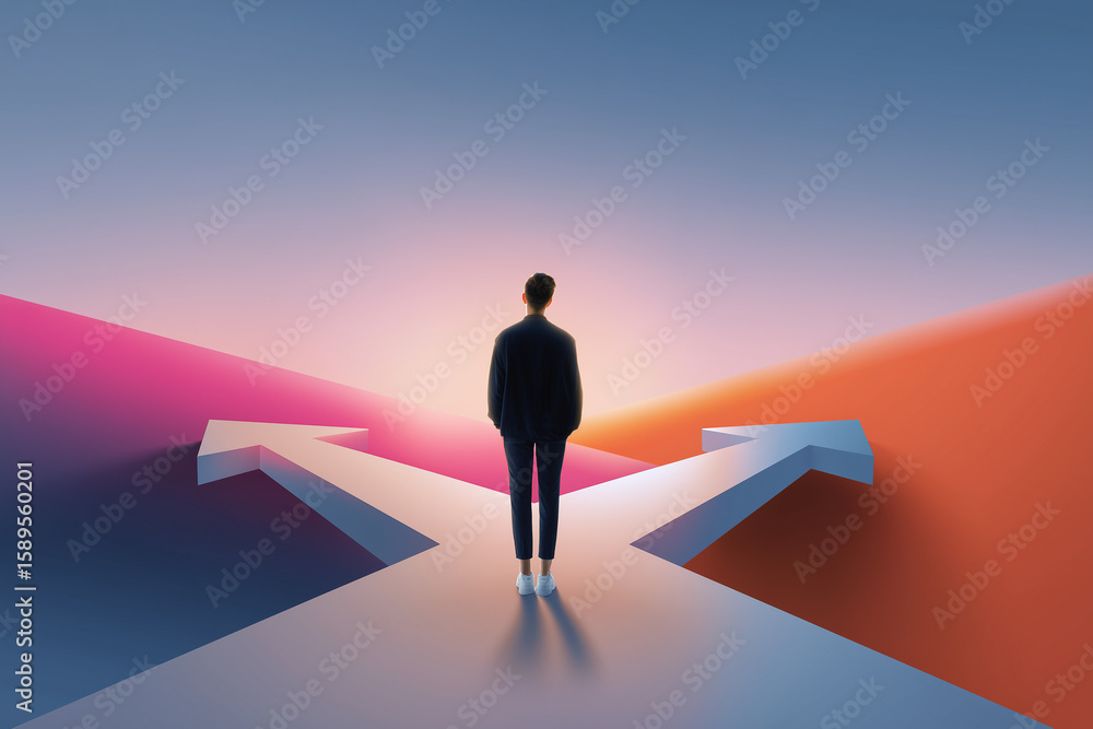Person standing at a crossroads facing two divergent paths, symbolizing ...