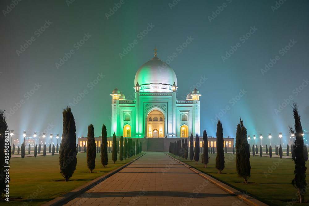 Quaid e Azam Mausoleum stands illuminated at night as crowds gather for ...