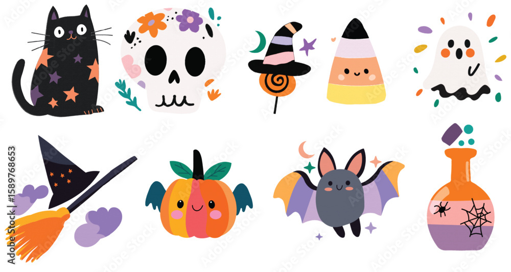 cute halloween cartoon clipart collection with black cat, pumpkin ...