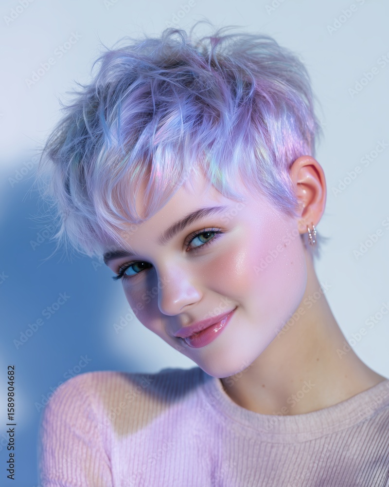 Radiant young woman with iridescent hair and shimmering skin poses ...