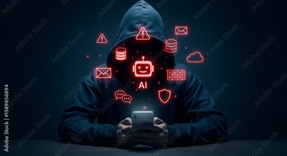 A hooded hacker uses a smartphone with ai icons, symbolizing ...