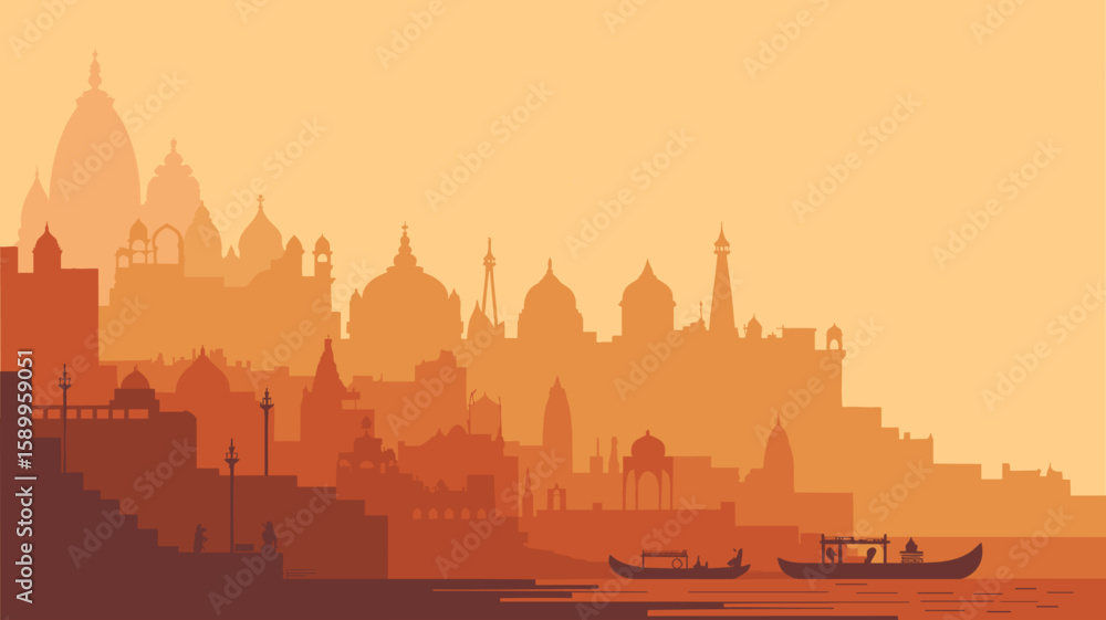 Varanasi city skyline sihihoute, Banaras city in the shades of orange ...