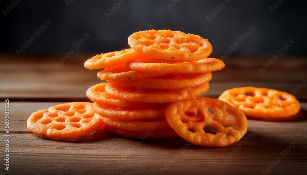 crunchy orange snacks stacked on a wooden surface showcasing their ...