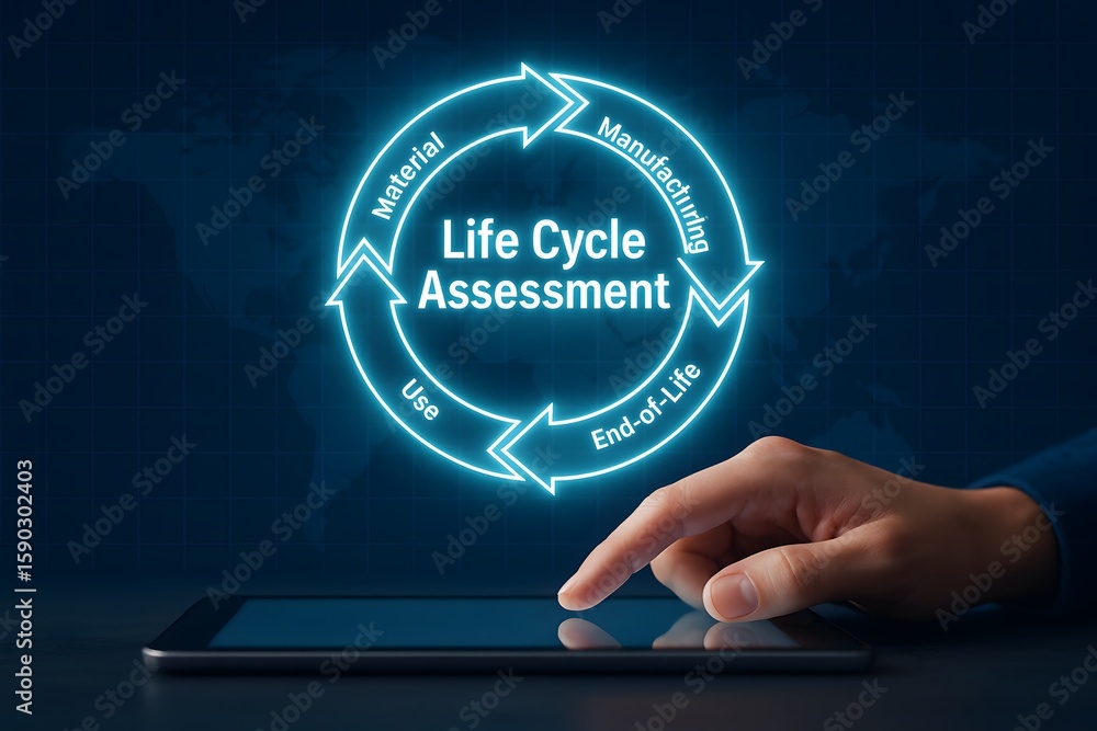 Hand pointing at a tablet showing a life cycle assessment diagram. The ...