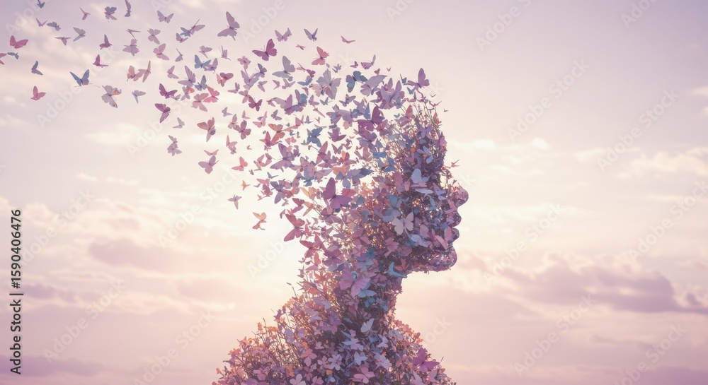Human head dissolving into a swarm of butterflies Stock Illustration ...