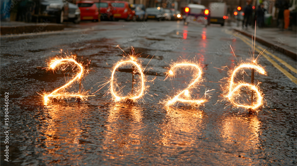 Firework that reads 2026 on a wet surface Stock Photo | Adobe Stock