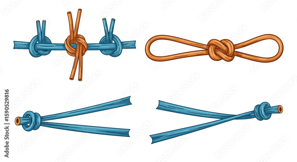 Illustration showing different types of knots tied with blue and brown ...