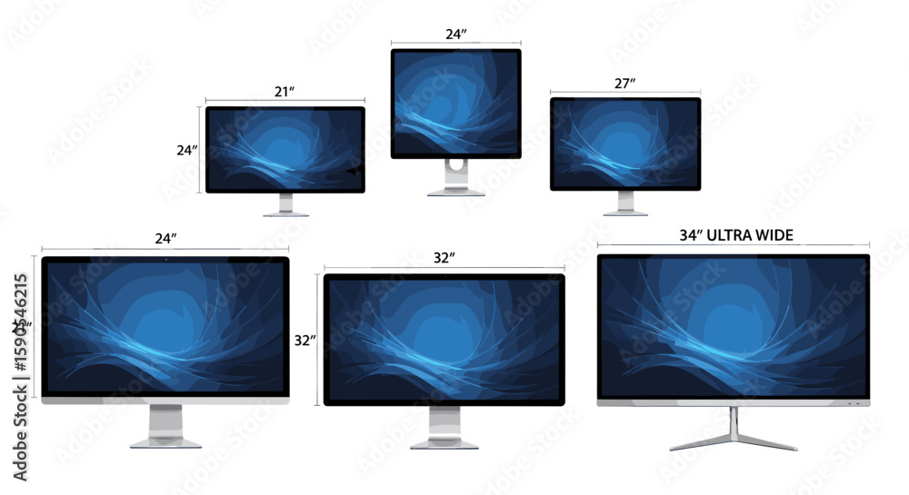 Comparison of computer monitors with different sizes and dimensions on ...