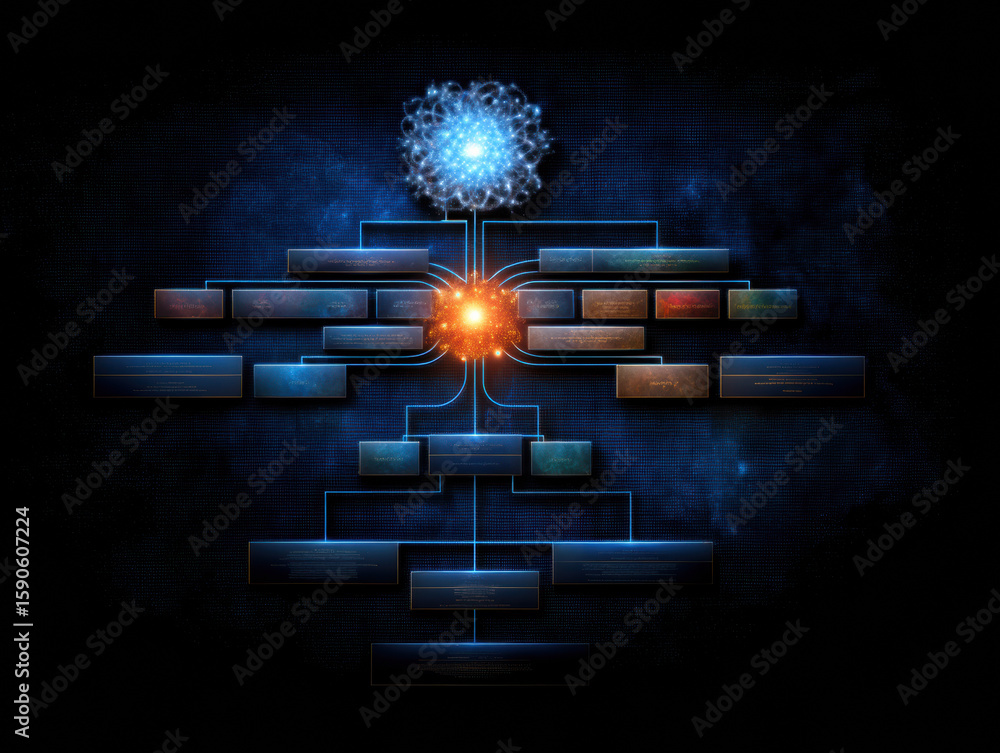 glowing, futuristic flowchart with blue and orange nodes connected by ...