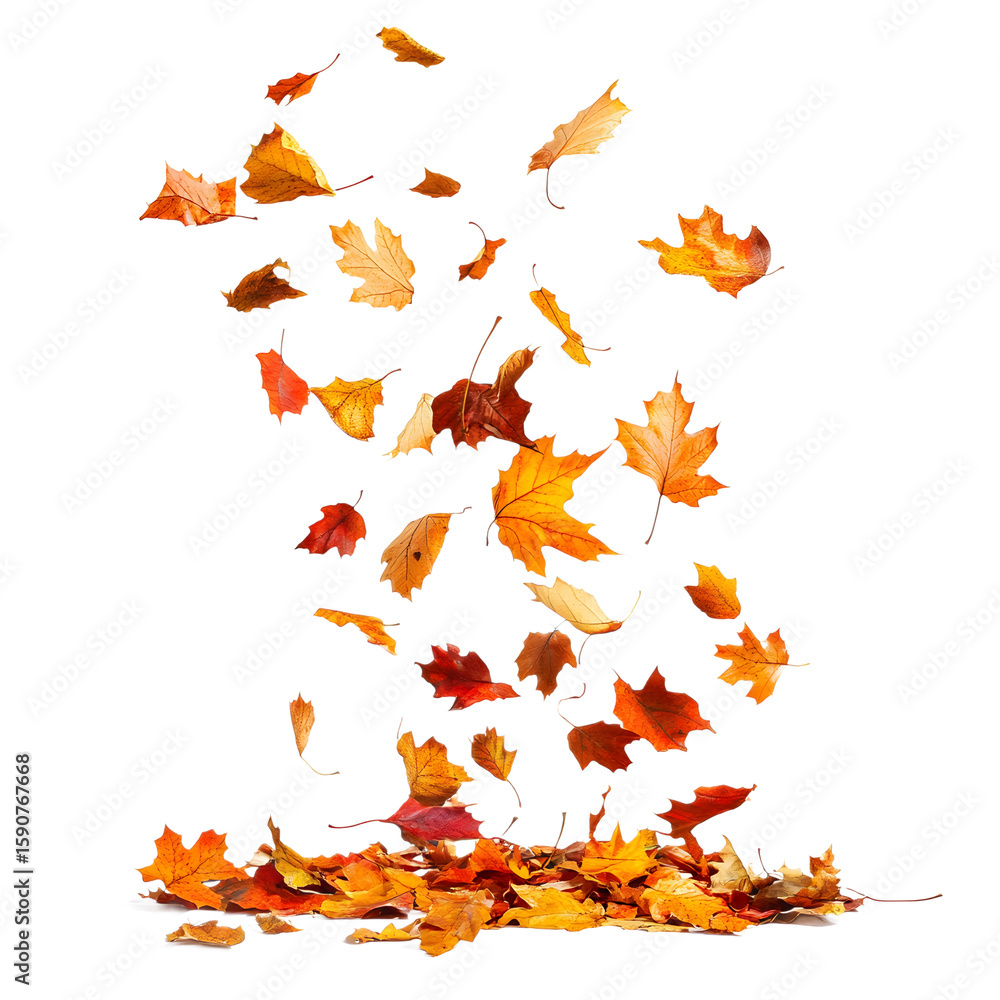 A cascade of colorful autumn leaves falling and accumulating on the ...