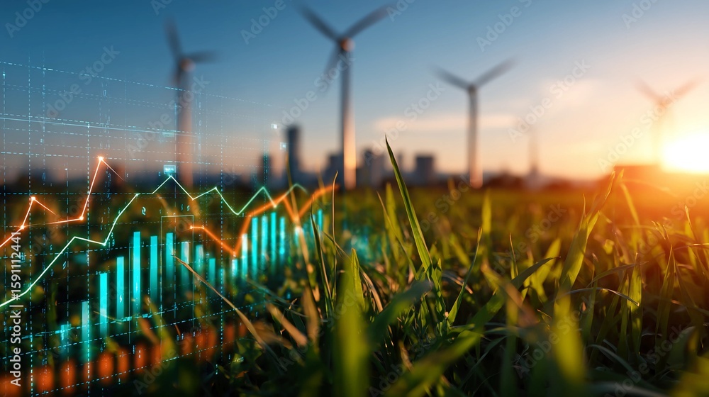 Green field with wind turbines and city skyline at sunset, symbolizing ...
