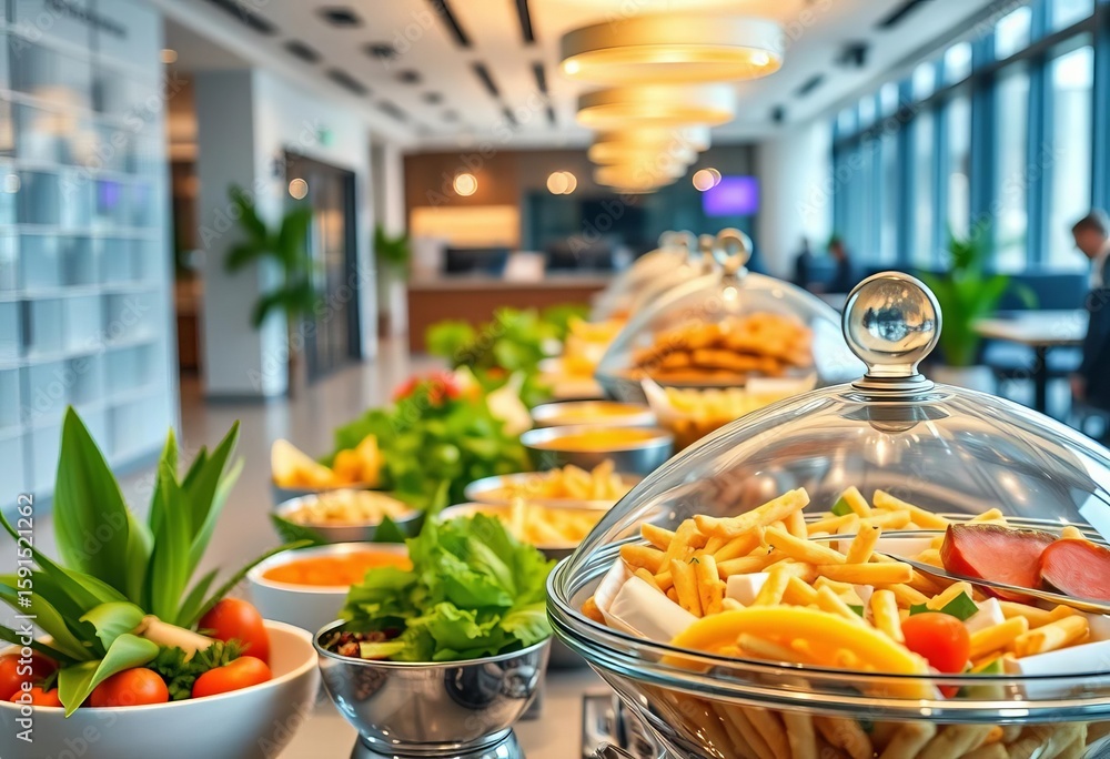 Delectable catered lunch buffet brightly illuminates modern office ...