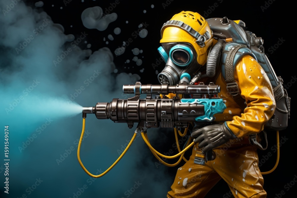 Scientist wearing a hazmat suit and using a futuristic spray gun ...