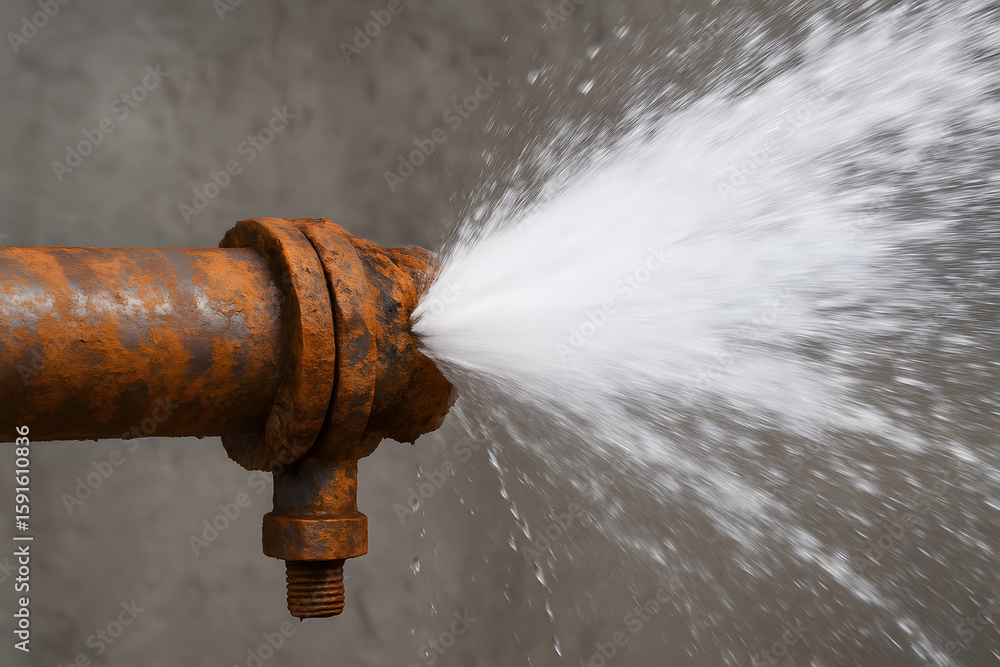 Rusty metal pipe burst with high pressure water leakage, concept of ...