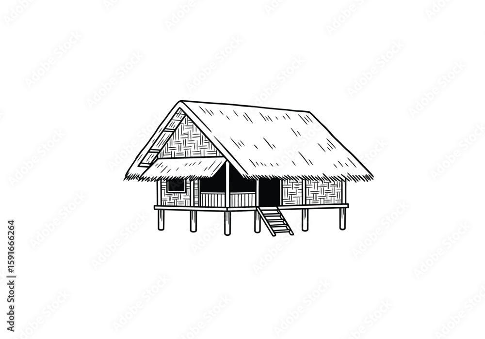 Bahay kubo drawing. It is a black and white outline image of a Bahay Kubo, a traditional ...