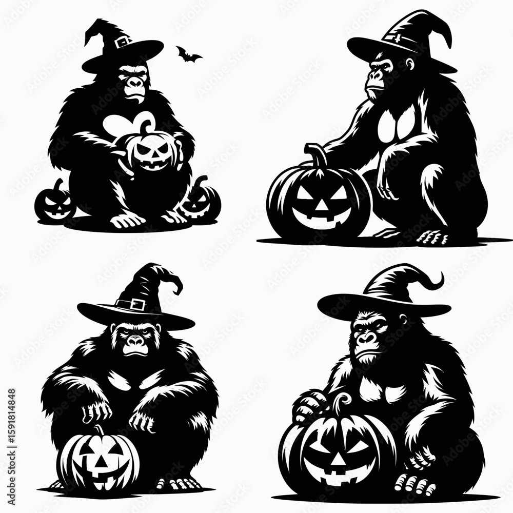 Vector de Stock Gorilla wear witch hat and sitting on jack o pumpkin ...