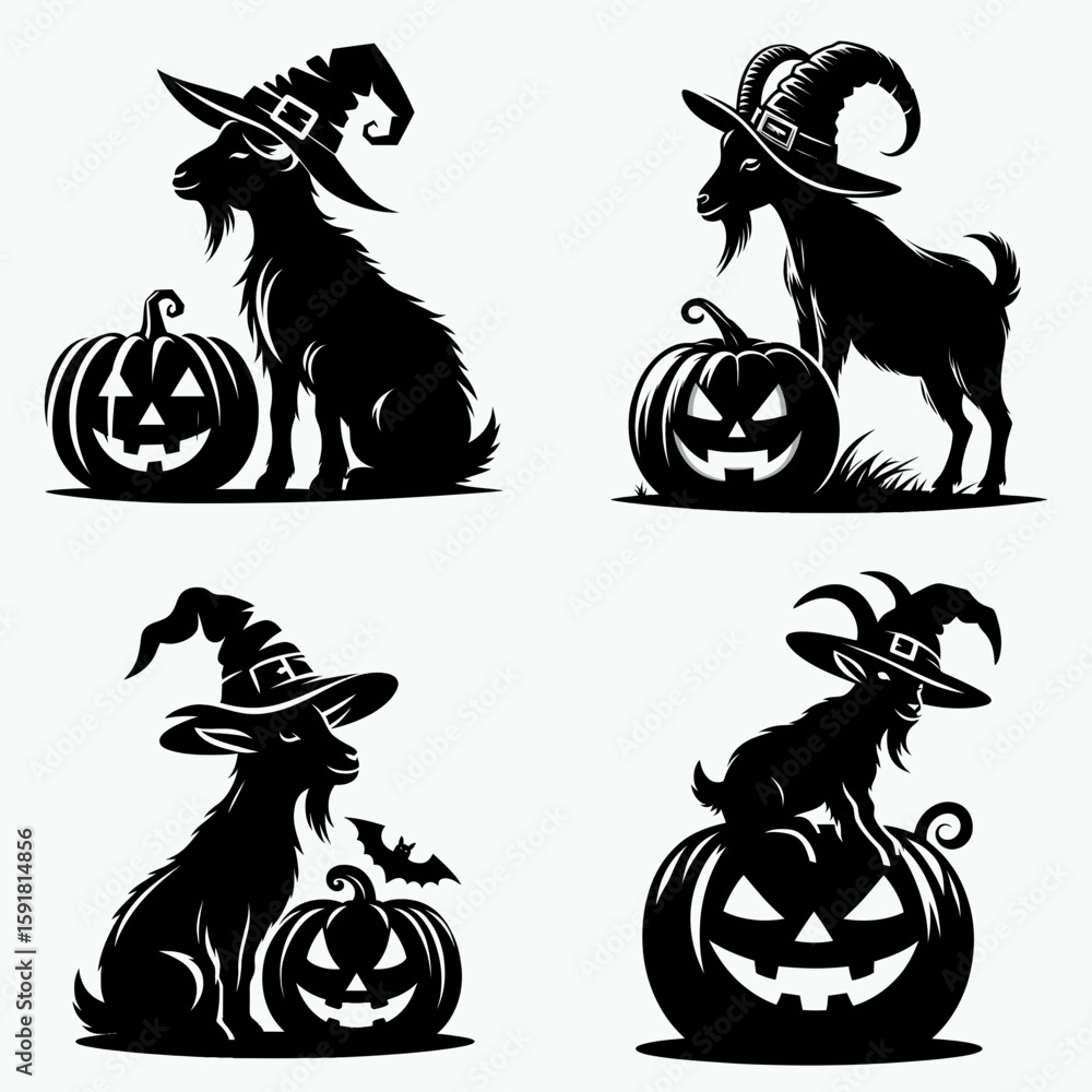 Goat wear witch hat and sitting on jack o pumpkin. Halloween Spooky ...
