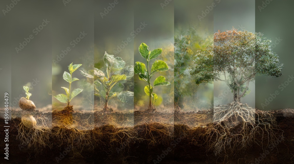 Plant growth stages with exposed roots and soil, a visual ...