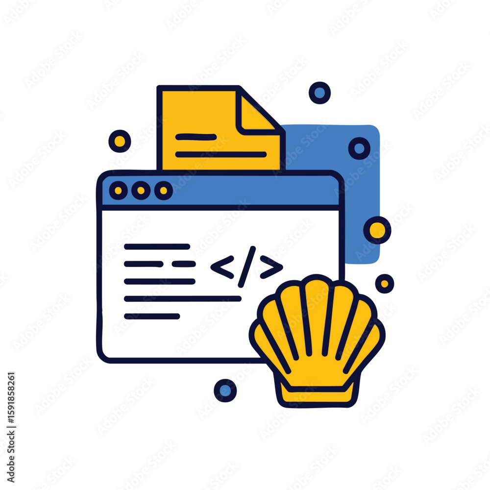 Web Development Shell Concept. Depicts a browser interface, coding symbols, and a seashell ...