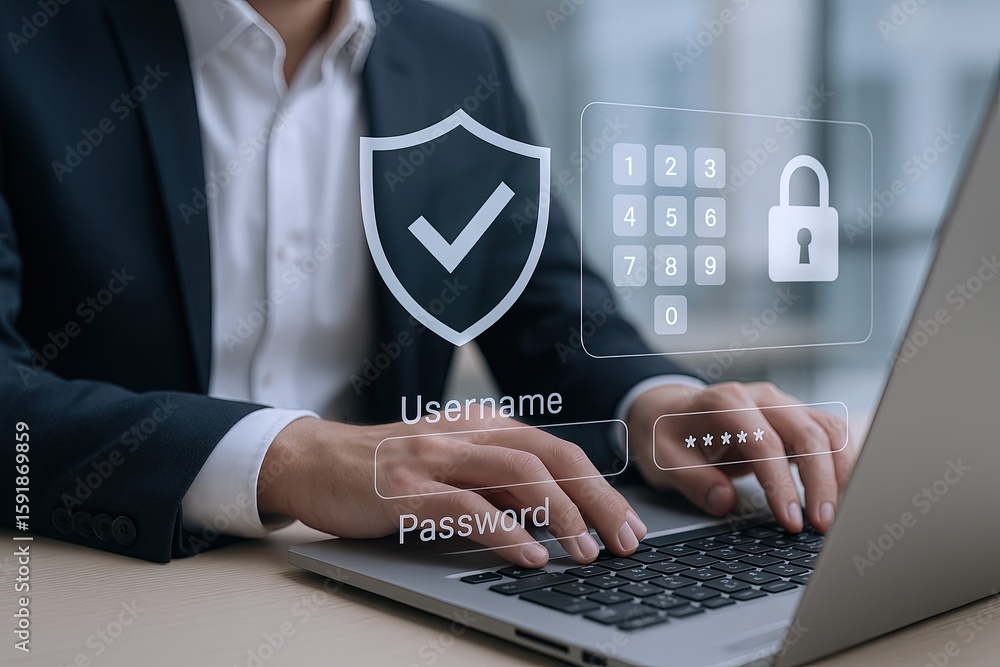 Professional businessman working on secure digital login with password ...