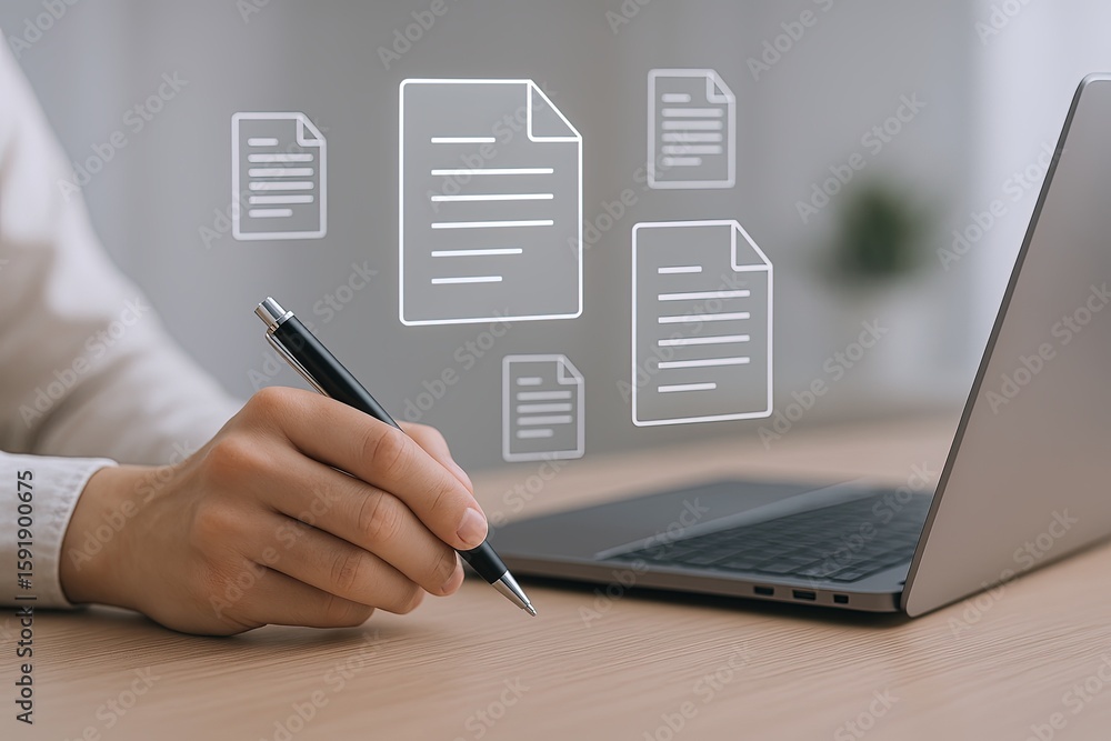 Person Writing with Pen Near Laptop Creating Digital Document Files in ...
