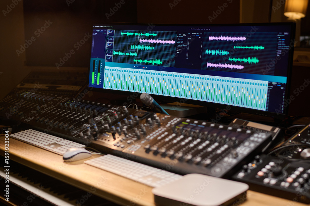 Professional audio mixing console with multiple sliders and buttons ...