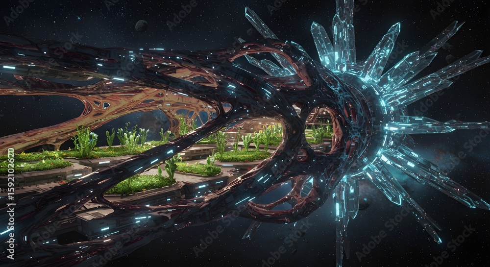 Space station powered by fusion energy, with glowing plasma conduits ...