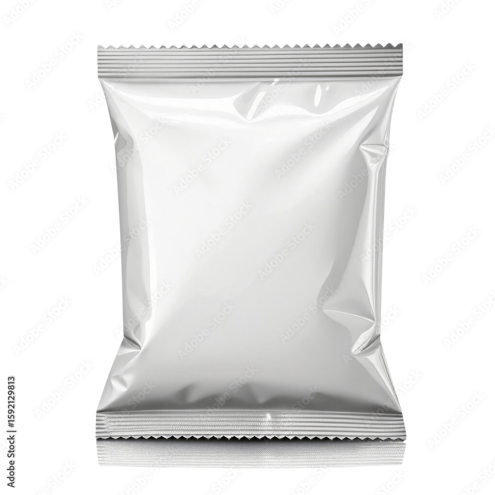 Blank silver foil snack bag for chips or food. Packaging mockup ...