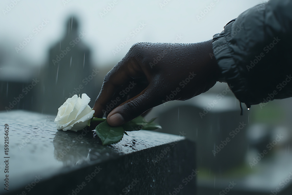 Rose on a grave in the rain. A somber moment of remembrance and grief ...