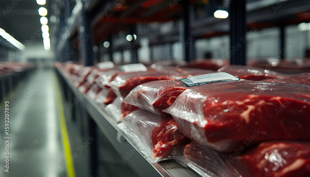 Vacuum packed beef in cold storage awaiting distribution in industrial ...