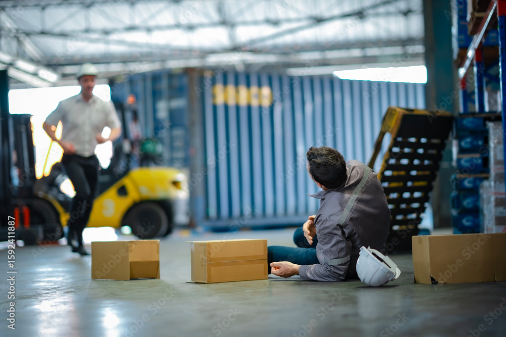 Male worker lies on ground after fall in warehouse, boxes scattered ...