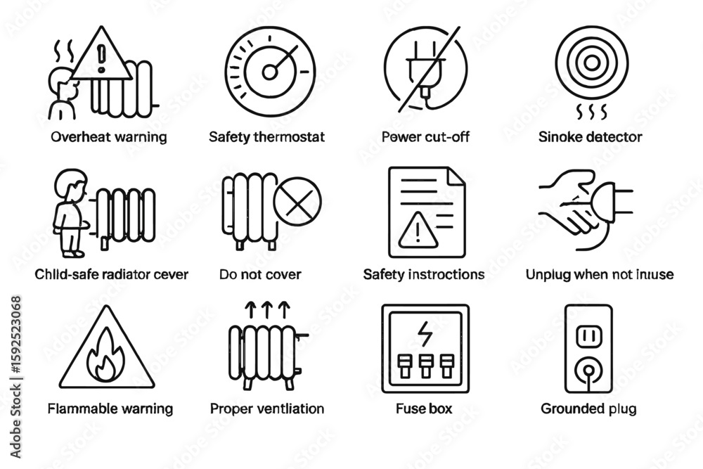 Safety symbols for home heating: overheat, thermostat, power, smoke ...
