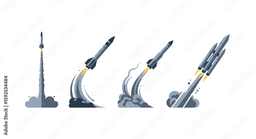 Four stages of a rocket launch sequence, illustrating ascent with smoke ...