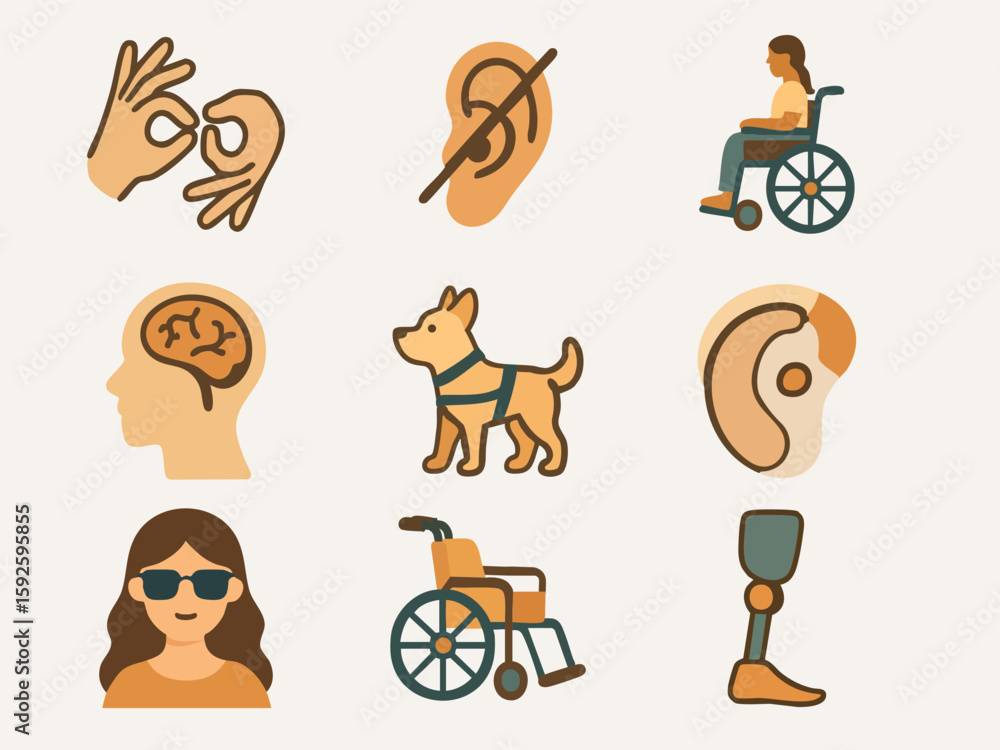 Vetor The image shows a set of disability icons, including a guide dog ...