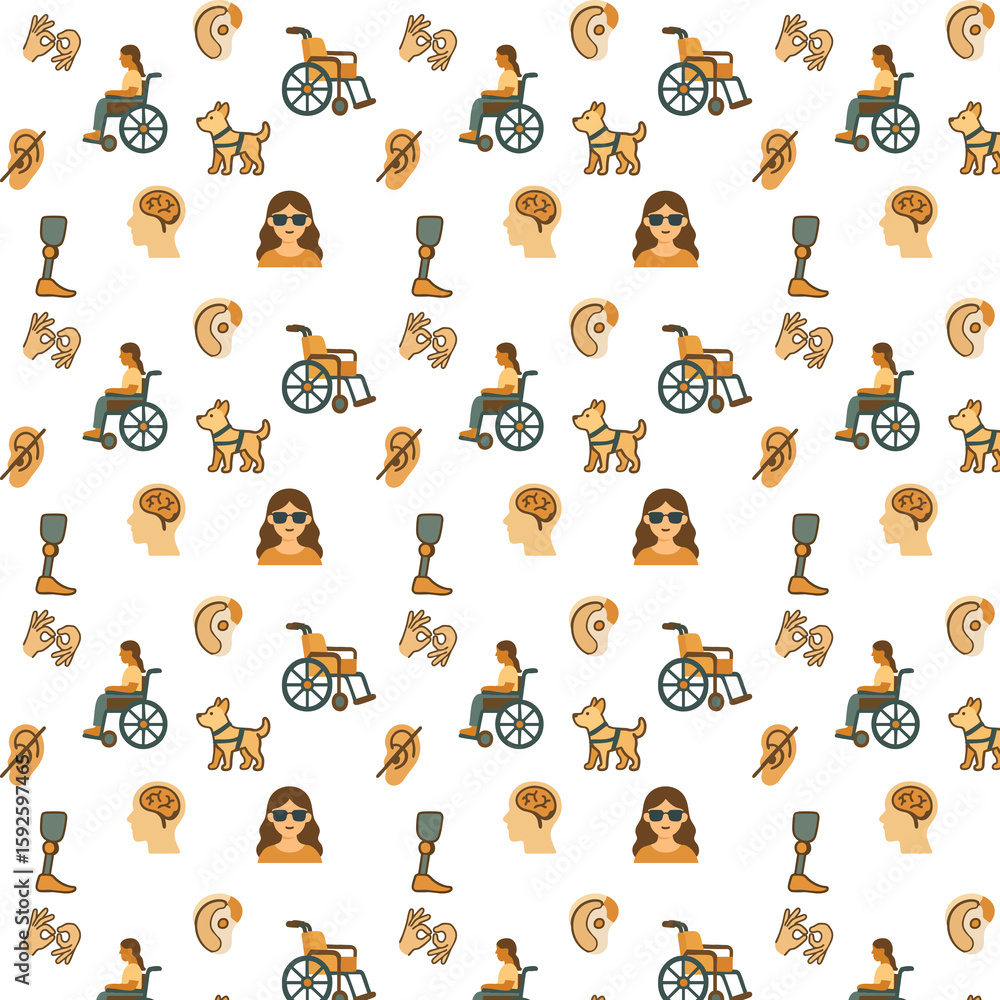 The image is a seamless pattern featuring various disability icons ...