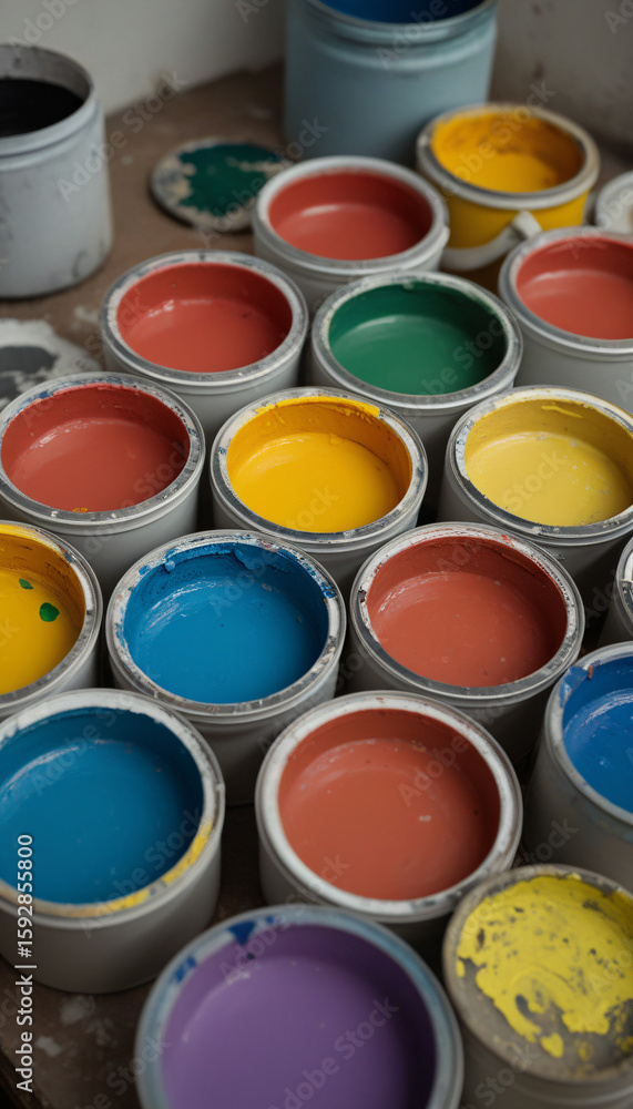 Open paint cans in grid layout displaying vibrant glossy colors Stock ...