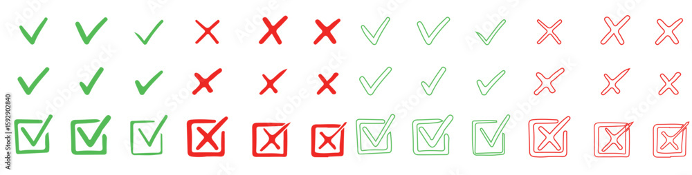 Hand Drawn Check Mark and X-Mark Set: Yes/No, Correct/Incorrect Symbols ...