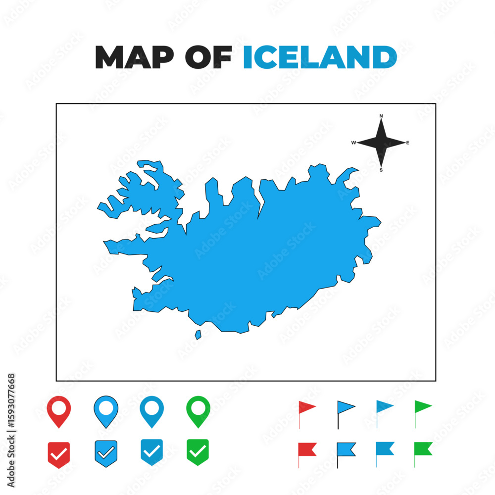 Detailed Vector Map of Iceland with Navigation Icons and Location Pins ...