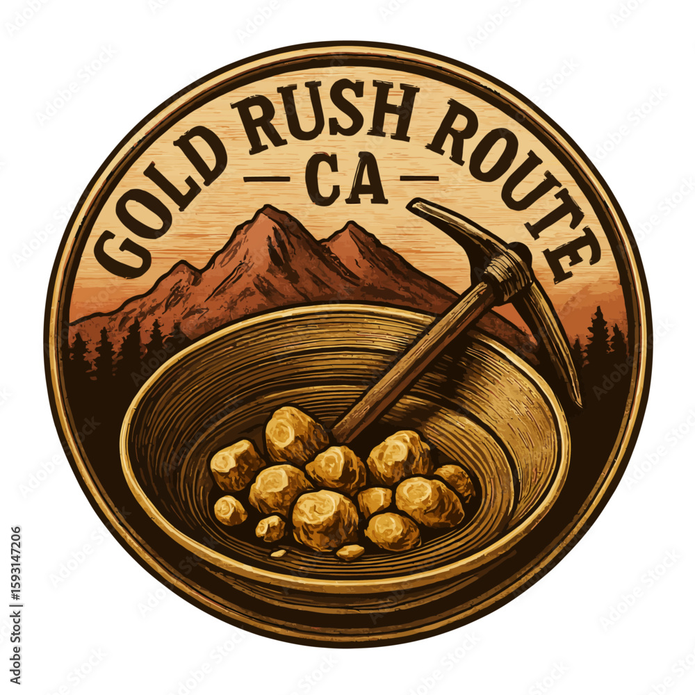 Vintage gold rush route logo featuring a gold pan, pickaxe, and ...