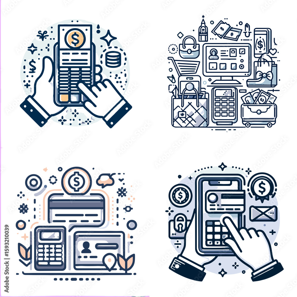 Payment mode icons and illustrations depicting digital transactions ...