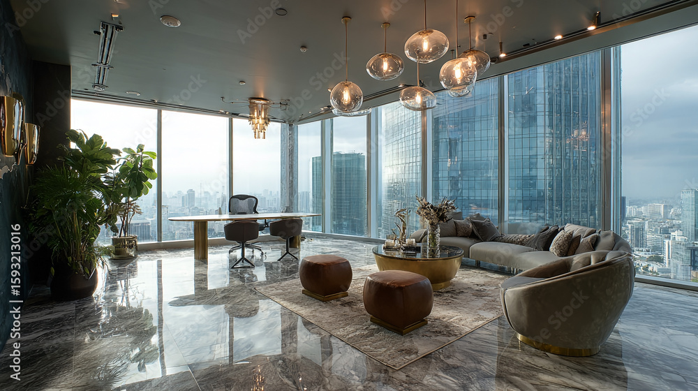 Designer workspace with Italian marble floors, brushed metal accents ...