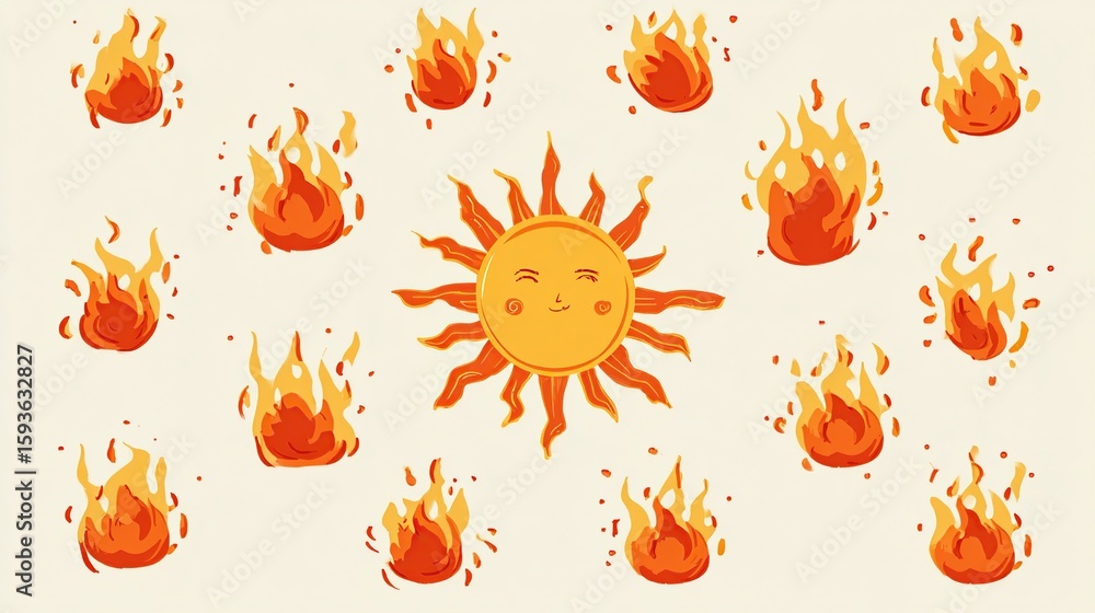 Cheerful sun surrounded by animated flames against a pale, neutral ...