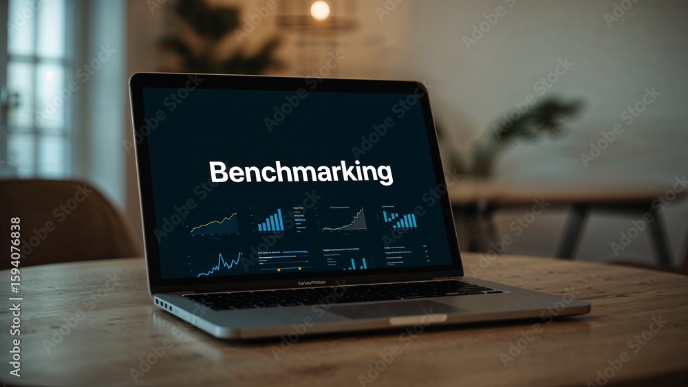 Laptop displaying the word "Benchmarking" with charts and graphs on the ...
