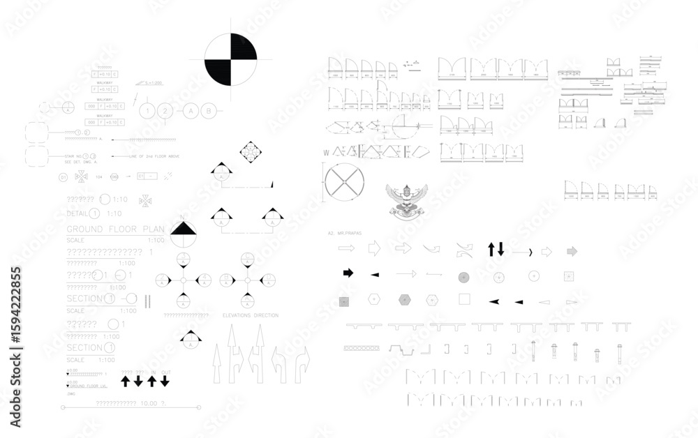 Architectural Symbols Vector Set: Arrows, Doors, Windows, North Signs ...
