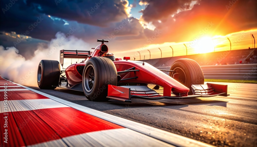 Speeding Formula 1 Race Car on Illuminated Racetrack Edge at Sunset ...