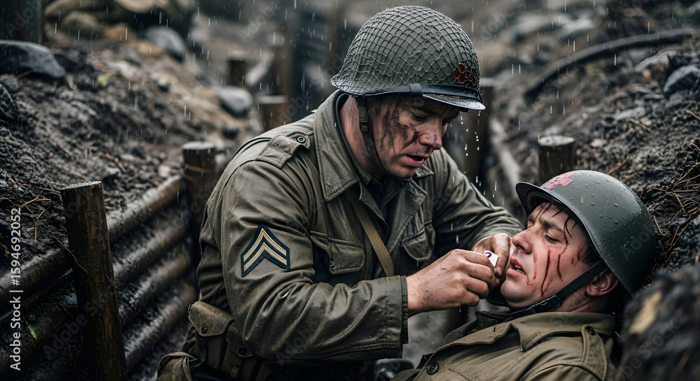WWII medic treating a wounded soldier in muddy trenches, rain falling ...