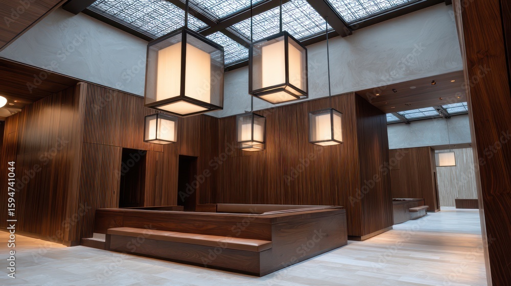 Glass-enclosed reading room with wood veneer wall panels and geometric ...