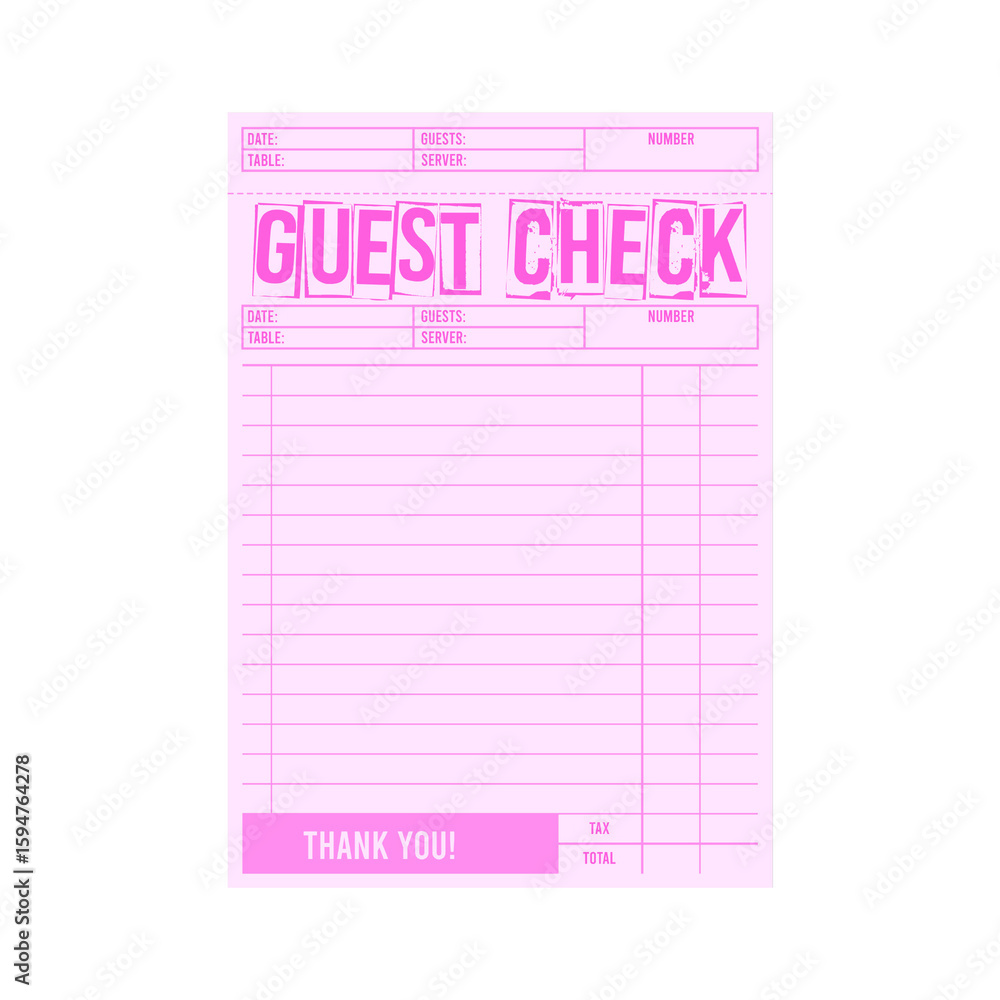 A pink guest check for a restaurant bill isolated on transparent ...
