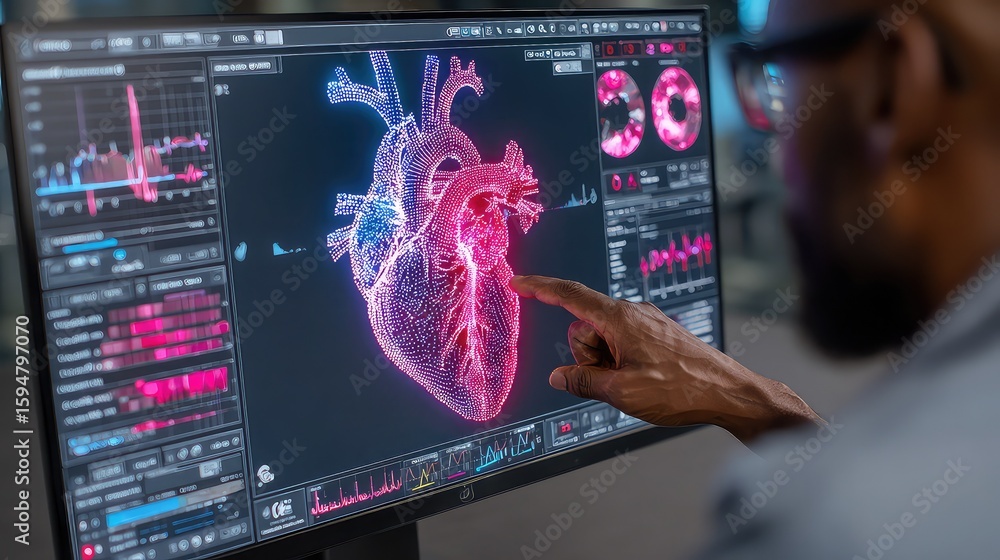 Cardiologist uses high-tech heart analysis display to study patient ...