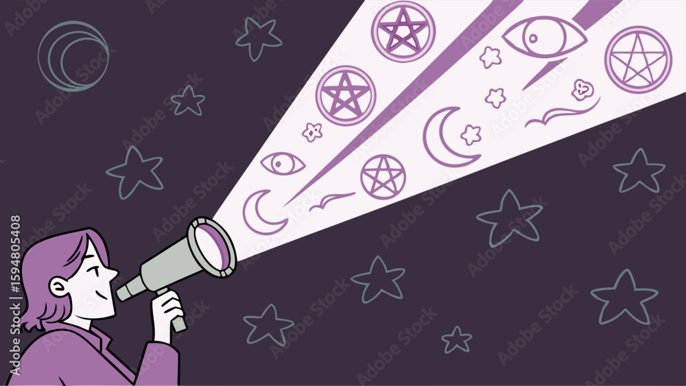 Stock-Vektorgrafik „Cartoon woman explores the night sky with a ...